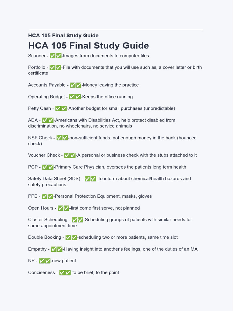 HCA 105 Final Study Guide HCA 105 Final Study Guide With Verified Correct Answers - Complete ...