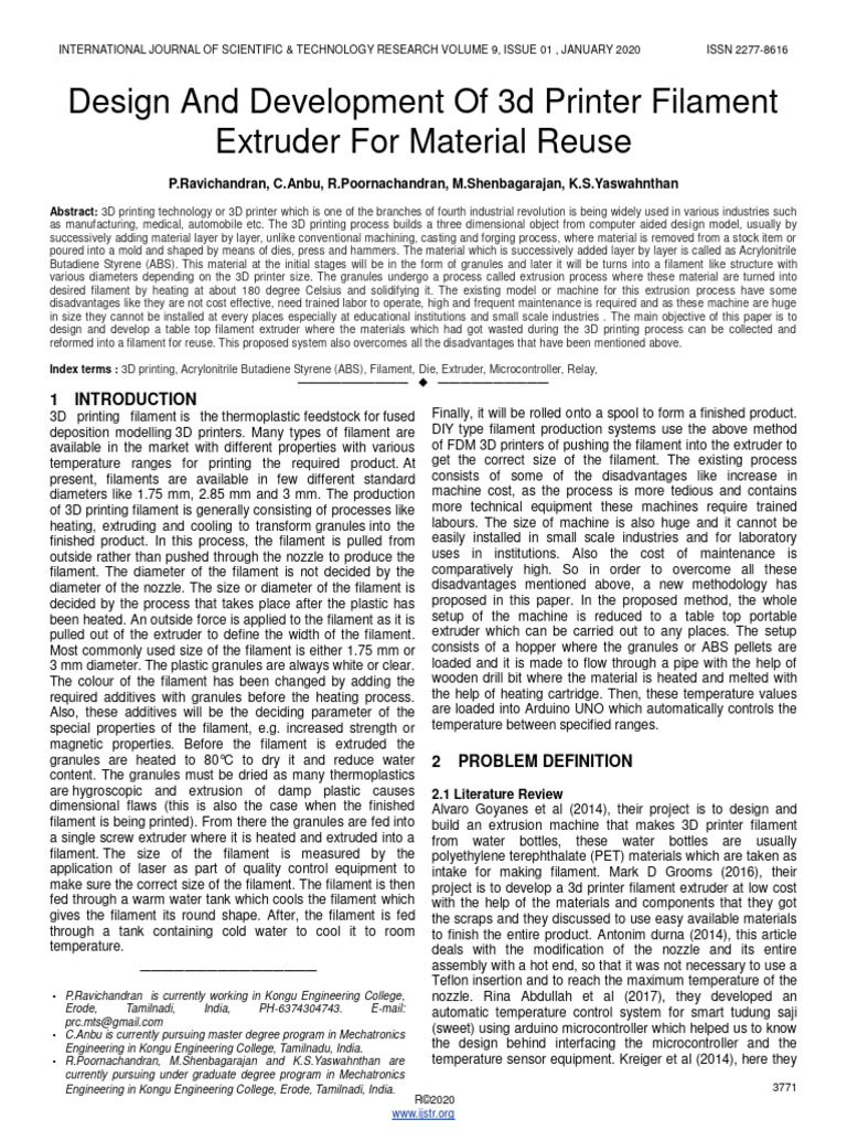 Design and Development of 3d Printer Filament Extruder For Material ...