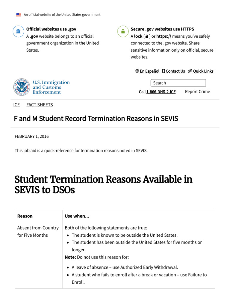 SEVIS Termination Reasons for Students | PDF | U.S. Immigration And ...
