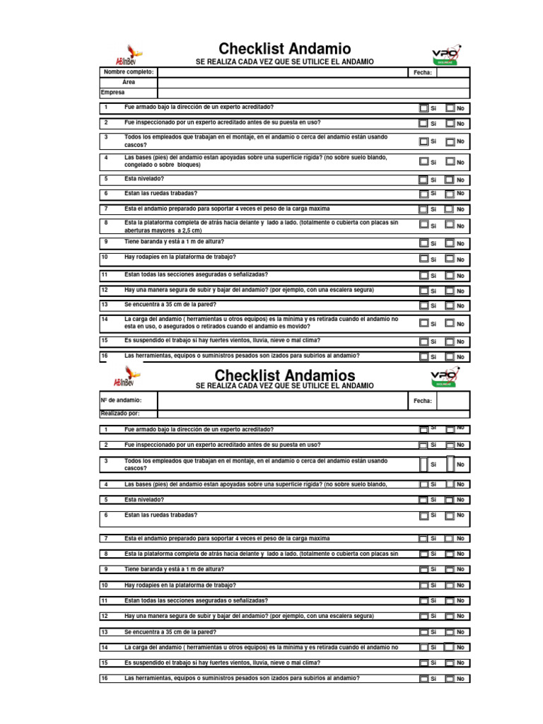 Check List de Inspección de Andamios | PDF | Andamio