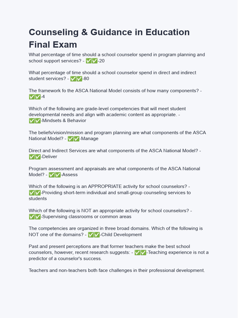 Counseling & Guidance in Education Final Exam Questions With Verified ...