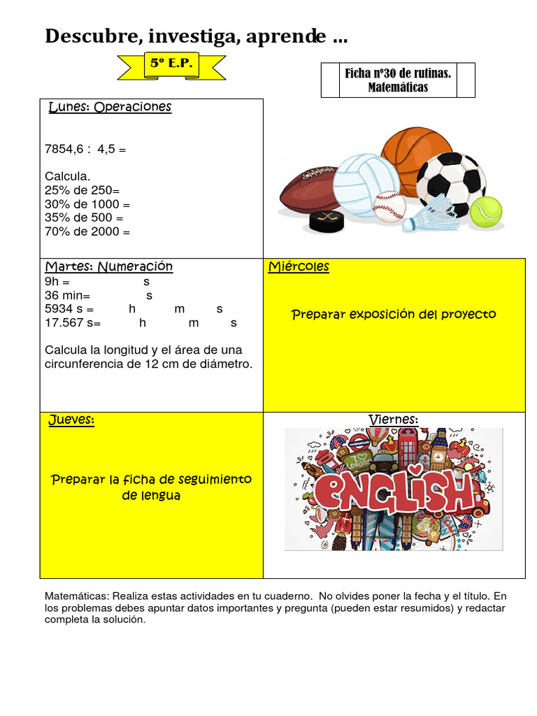 30 Ficha Rutinas Diarias Lenguaje y Matemáticas 5º | PDF | Artes del ...
