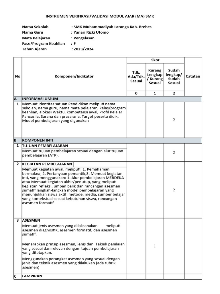 INST MODUL AJAR Yanari (Pengelasan) | PDF
