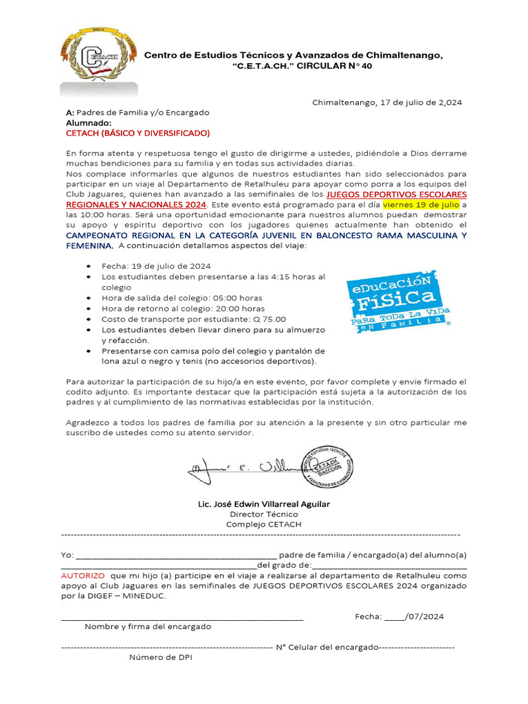 CIRCULAR No. 40 VISITA A JUEGOS DEPORTIVOS ESCOLARES REU | PDF
