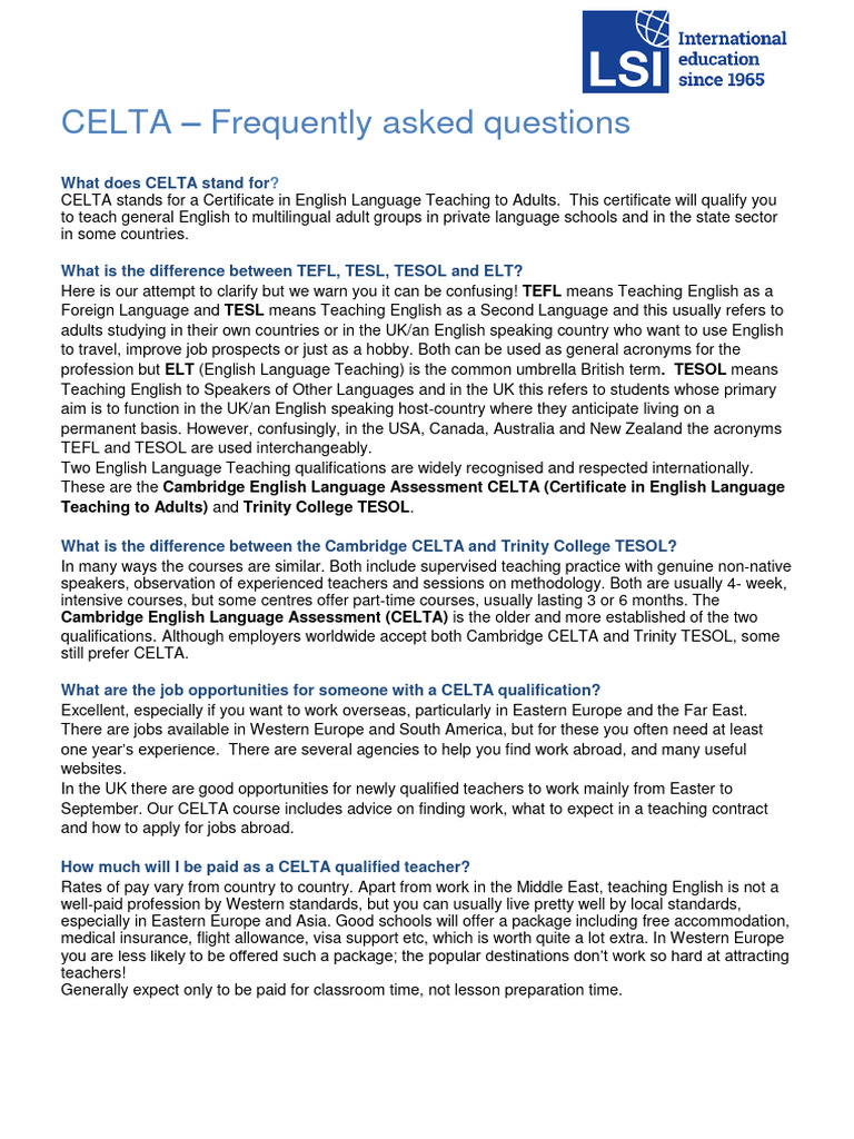 CELTA FAQs | PDF | English As A Second Or Foreign Language | Language ...