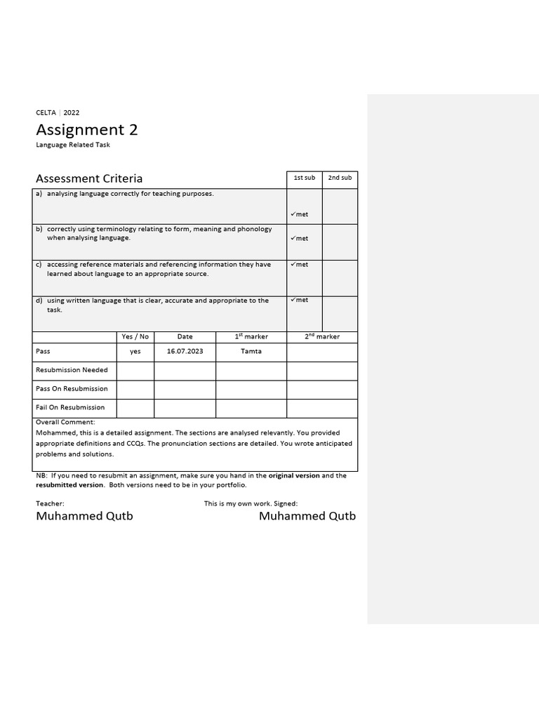 CELTA 2022 Language Analysis Assignment | PDF | Semantics | Word