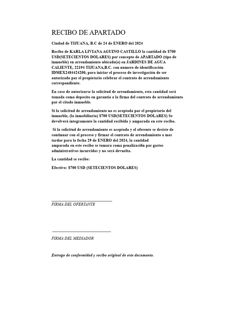 Recibo de Apartado de Arrendamiento | PDF
