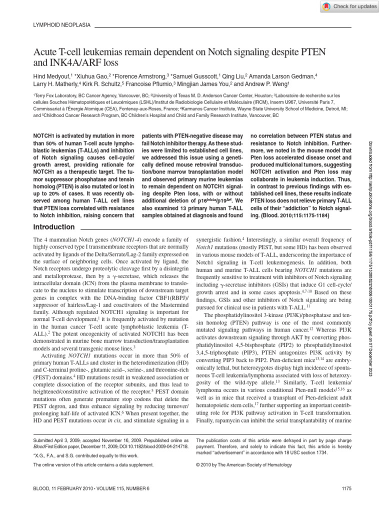 Acute T-Cell Leukemias Remain Dependent On Notch Signaling Despite PTEN and INK4A:ARF Loss | PDF ...