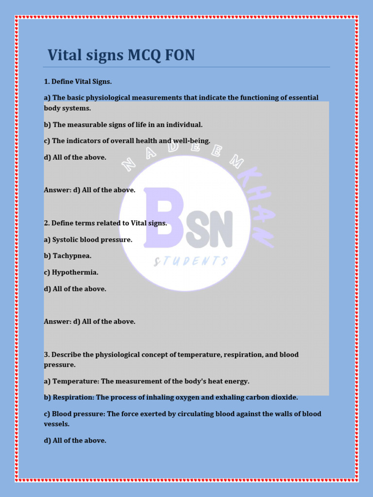 Vital Signs MCQ Fon by Nadeem Khan | PDF | Fever | Blood Pressure