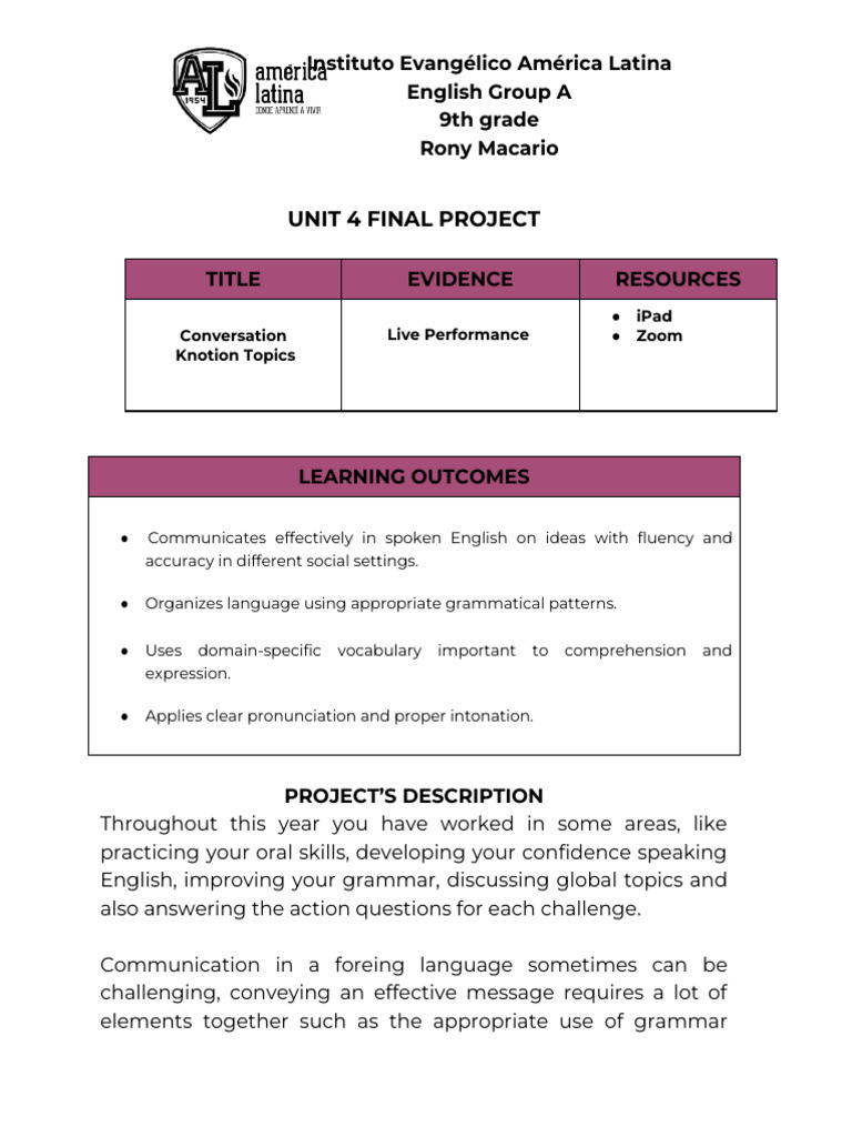 Unit 4 Final Project: Instituto Evangélico América Latina English Group ...
