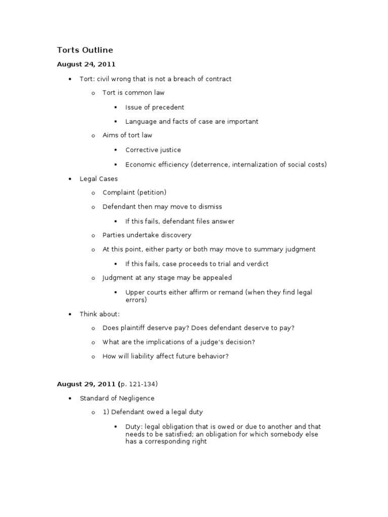 Torts Outline | PDF | Negligence | Reasonable Person