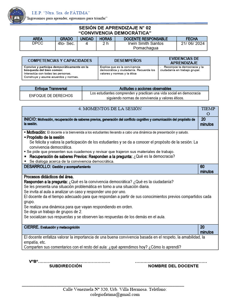 SESIÓN DE APRENDIZAJE DPCC 4to-21-06-24 | PDF | Aprendizaje | Modificación de comportamiento