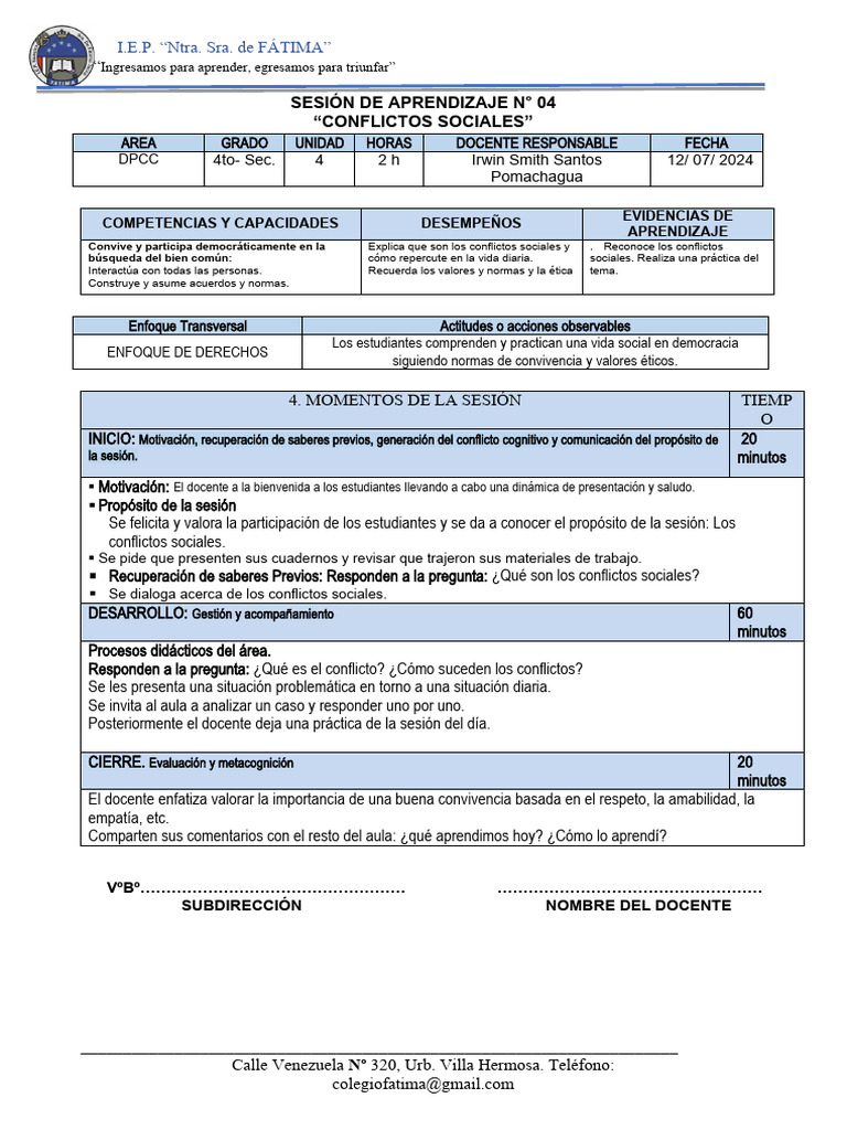 SESIÓN DE APRENDIZAJE DPCC 4to-12-07-24 | PDF | Aprendizaje | Modificación de comportamiento
