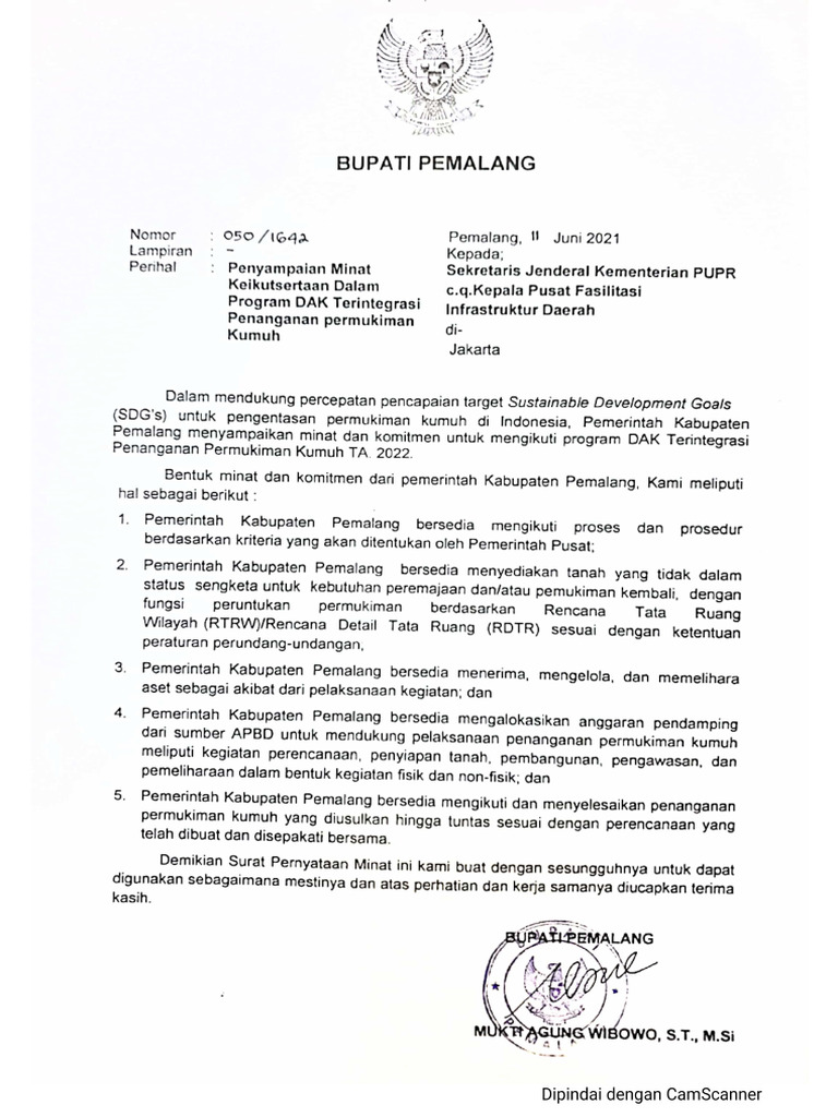 Surat Minat Dak Integrasi Kab Pemalang 2022 | PDF