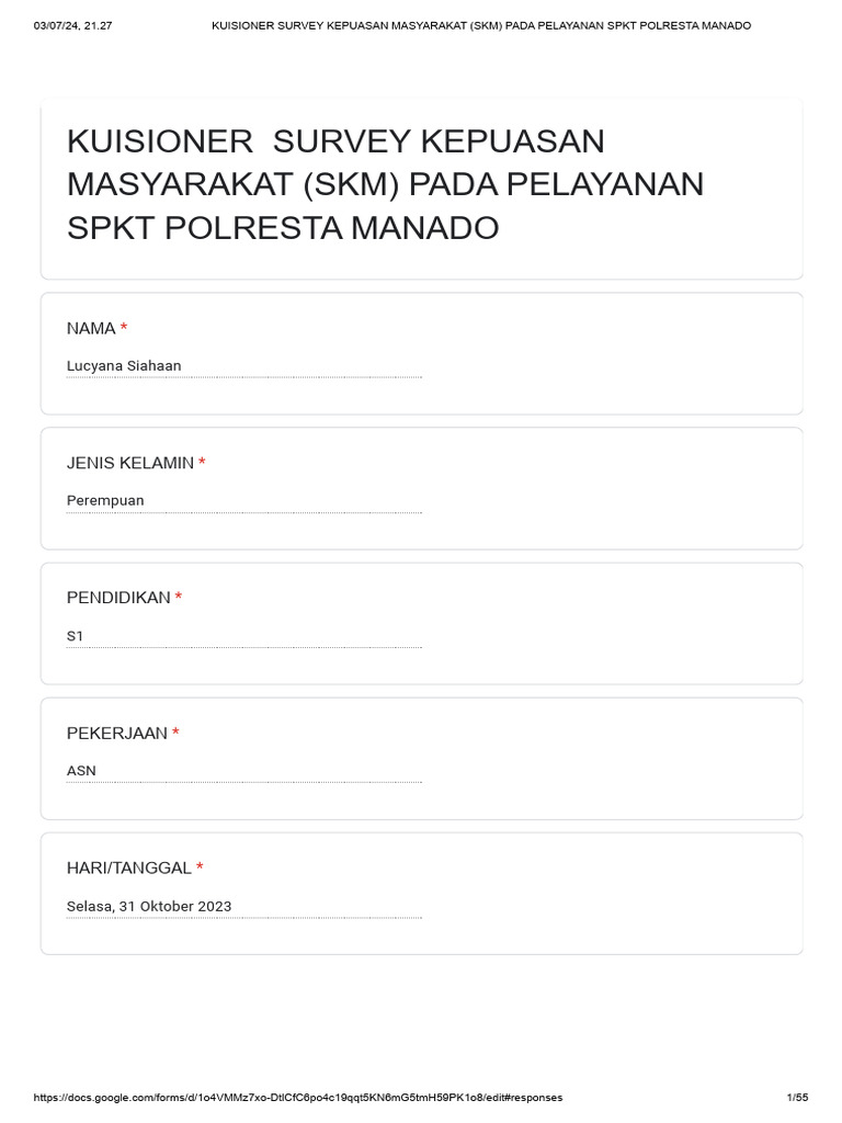 Jawaban Survei SKM SPKT - Google Formulir | PDF