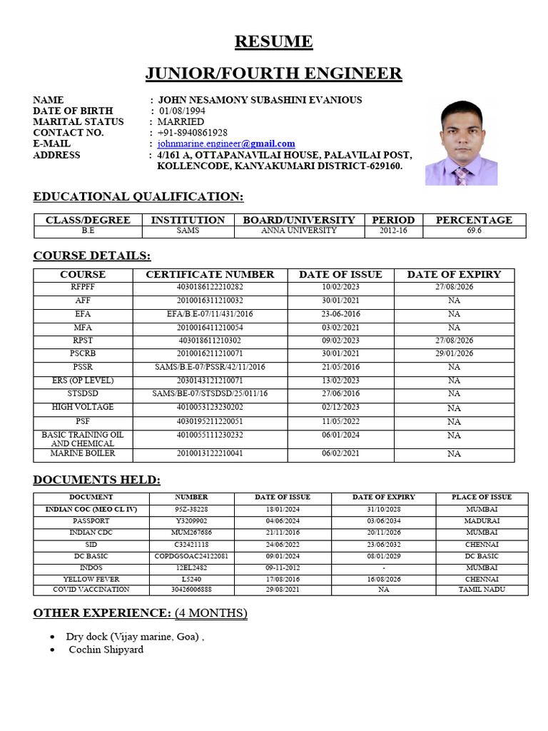 John Resume | PDF | Ships | Freight Transport