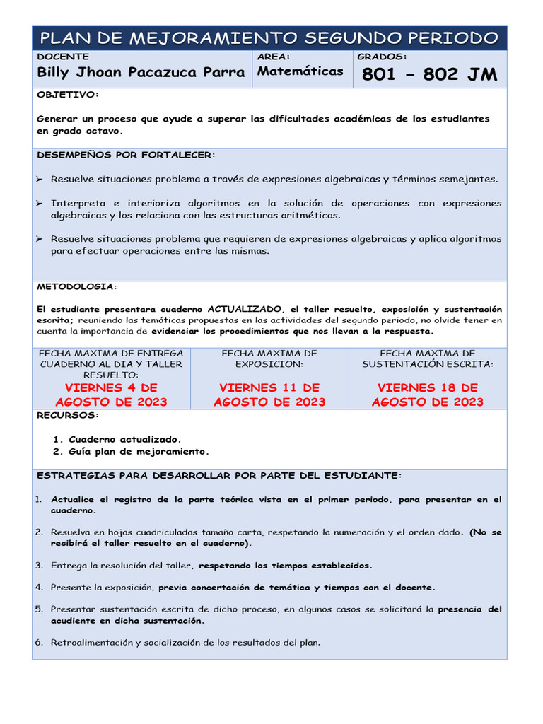 Plan De Mejoramiento Matematicas Octavo 2p Pdf Matemáticas