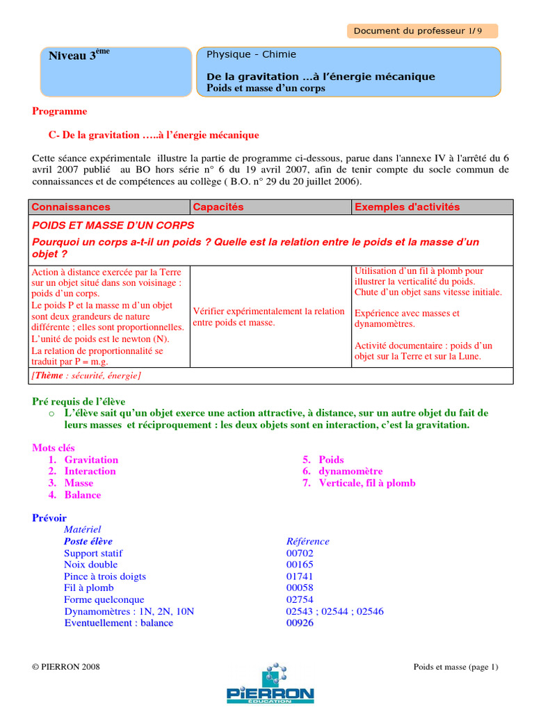 Poids et masse : concepts clés en TP | PDF | Poids | Masse