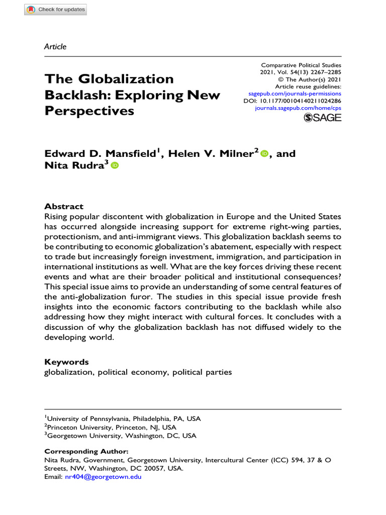 Mansfield, Milner, & Rudra - The Globalization Backlash. Exploring New Perspectives | PDF ...