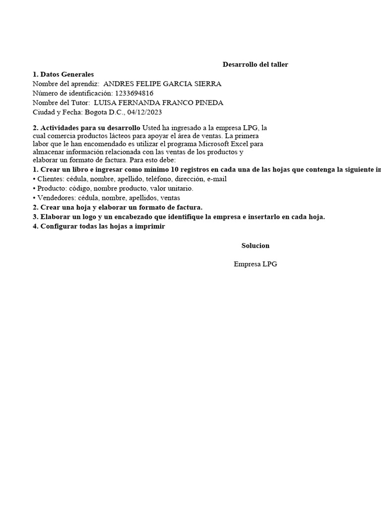 Taller Fórmulas Y Funciones En Excel 2016 Pdf Lechería Productos