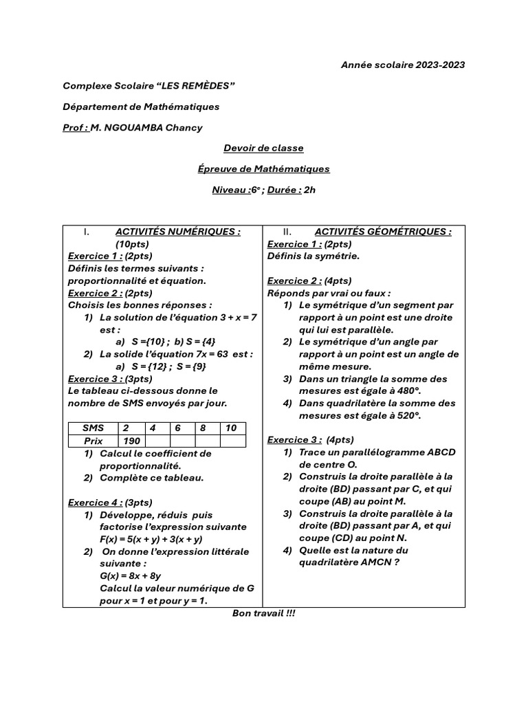 Devoir de Maths 6ème - Proportionnalité et Géométrie | PDF ...