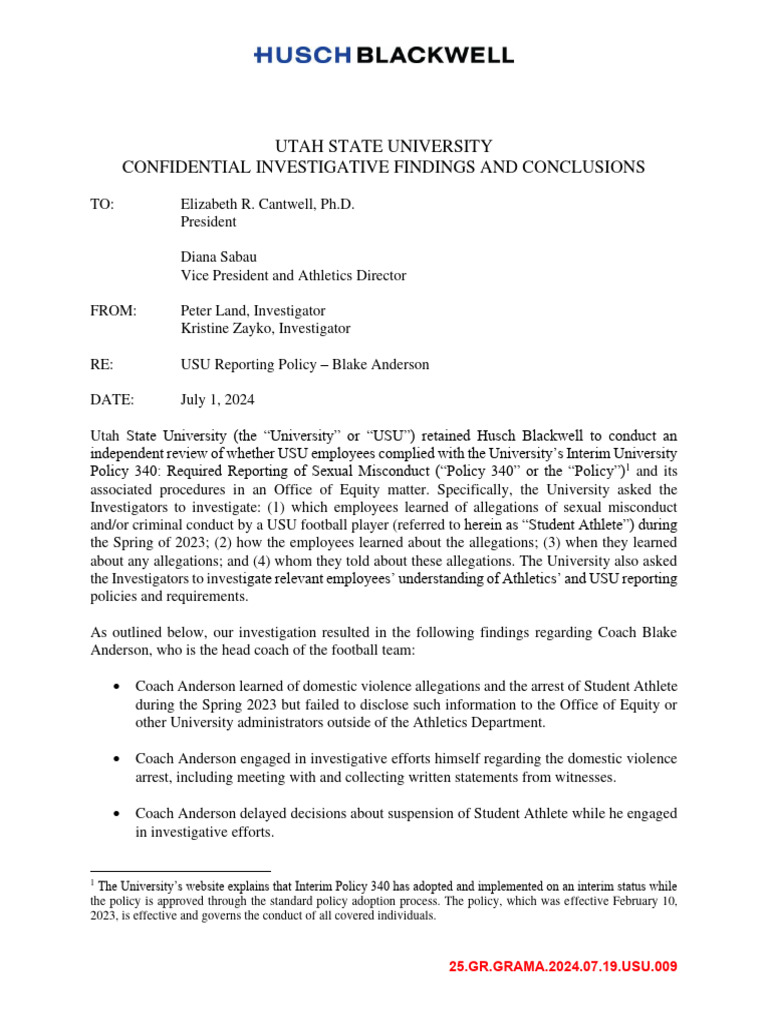 Investigation into former USU football coach Blake Anderson | PDF ...