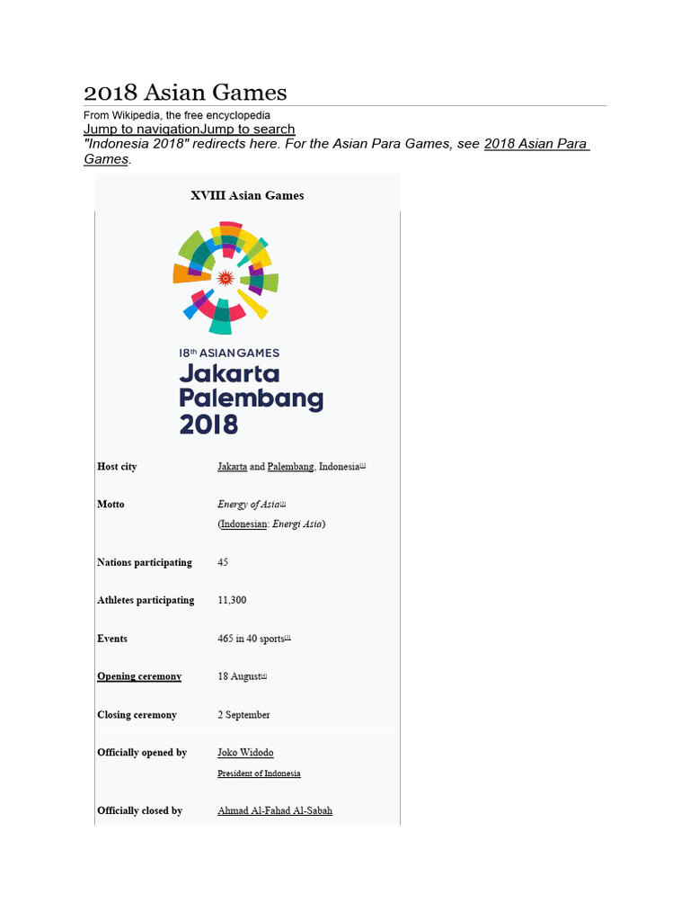 2018 Asian Games | PDF | Multi Sport Events | Sports