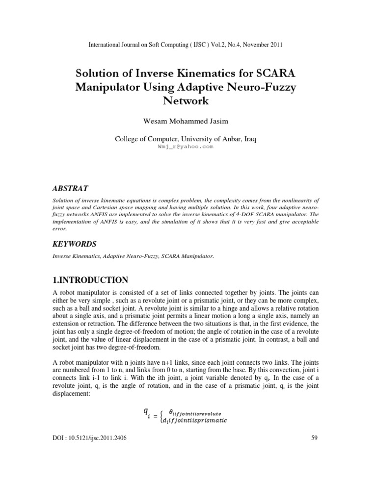 Solution of Inverse Kinematics For SCARA Manipulator Using Adaptive Neuro-Fuzzy Network | PDF ...