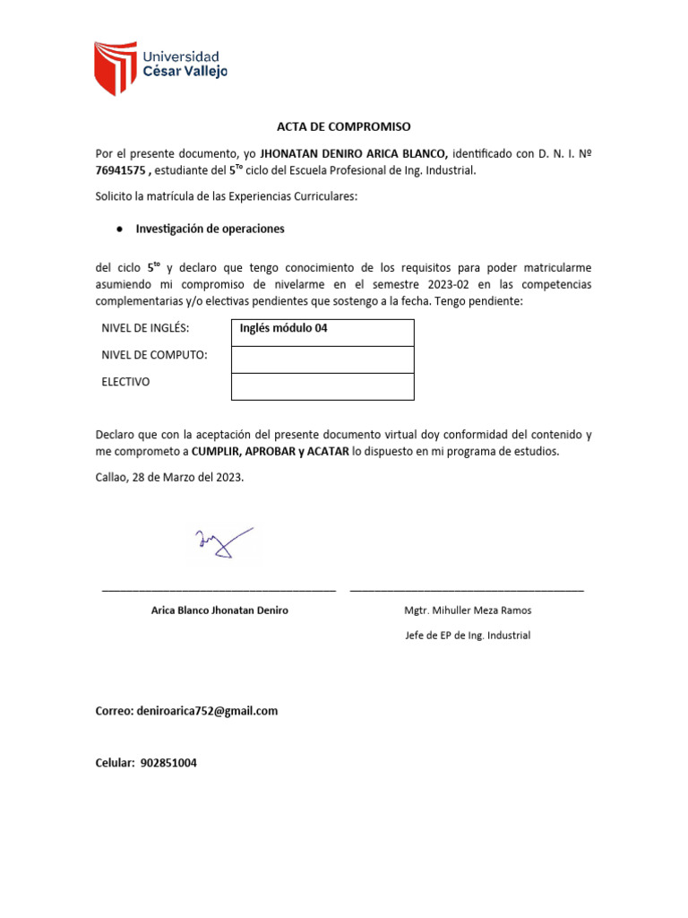 Acta de Compromiso Ing. Industrial | PDF
