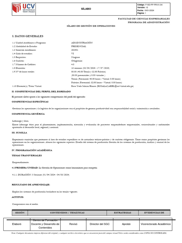 Silabo - GESTIÓN DE OPERACIONES | PDF | Planificación | Aprendizaje