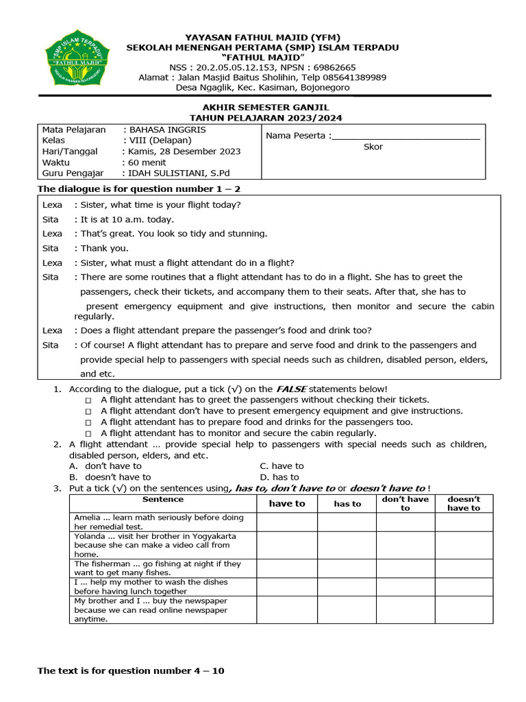 SOAL AKM SAS Ganjil Bahasa Inggris Kelas 8 2023-2024 | PDF