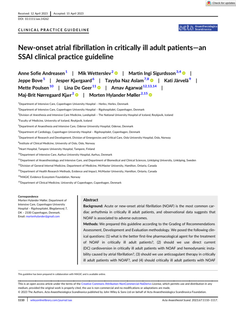 Acta Anaesthesiol Scand 2023 Andreasen New Onset Atrial Fibrillation | PDF | Intensive Care ...