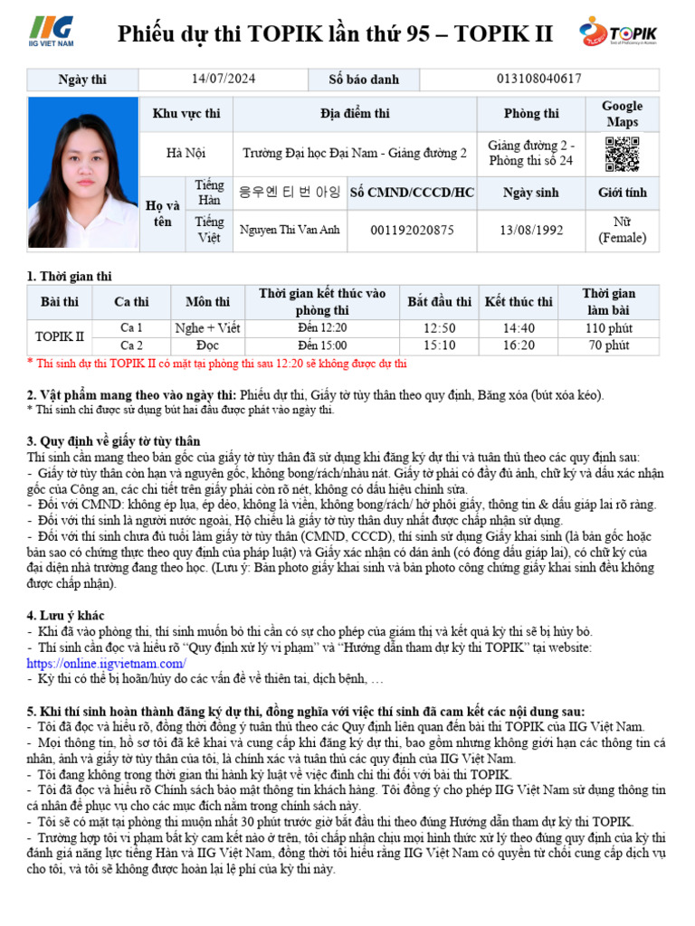Phiếu dự thi TOPIK lần thứ 95 - TOPIK II: Nguyen Thi Van Anh | PDF