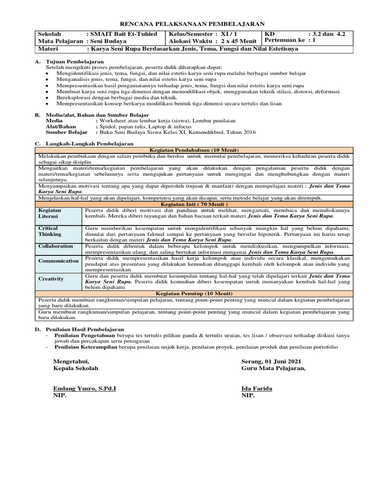 RPP 2 - Karya Seni Rupa Berdasarkan Jenis, Tema, Fungsi, Dan Nilai ...
