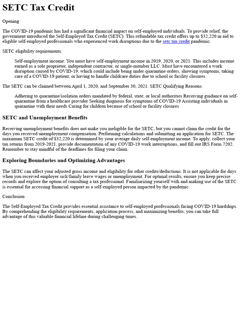 SETC Tax Credit Origin 140619 | PDF | Unemployment Benefits | Self Employment
