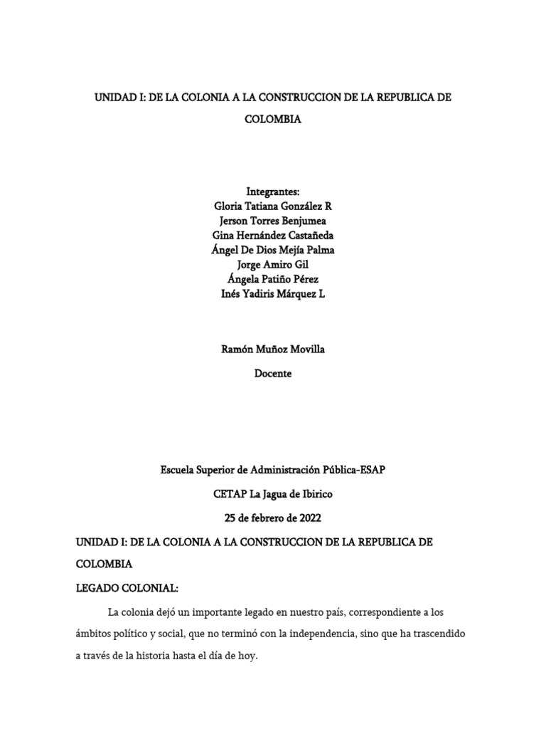 Unidad I de La Colonia A La Construccion de La Republica de Colombia ...