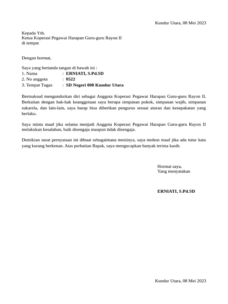 surat-pengunduran-diri-anggota-koperasi-BU ERNI | PDF