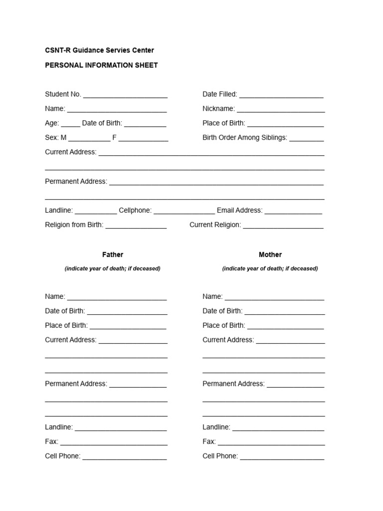 Personal Information Sheet Template | PDF | Telephone | Mobile Phones