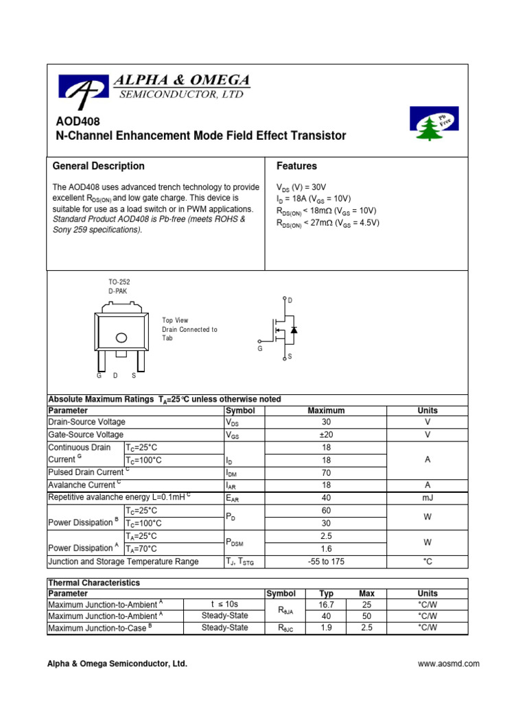 Aod 408 | PDF | Field Effect Transistor | Solid State Engineering