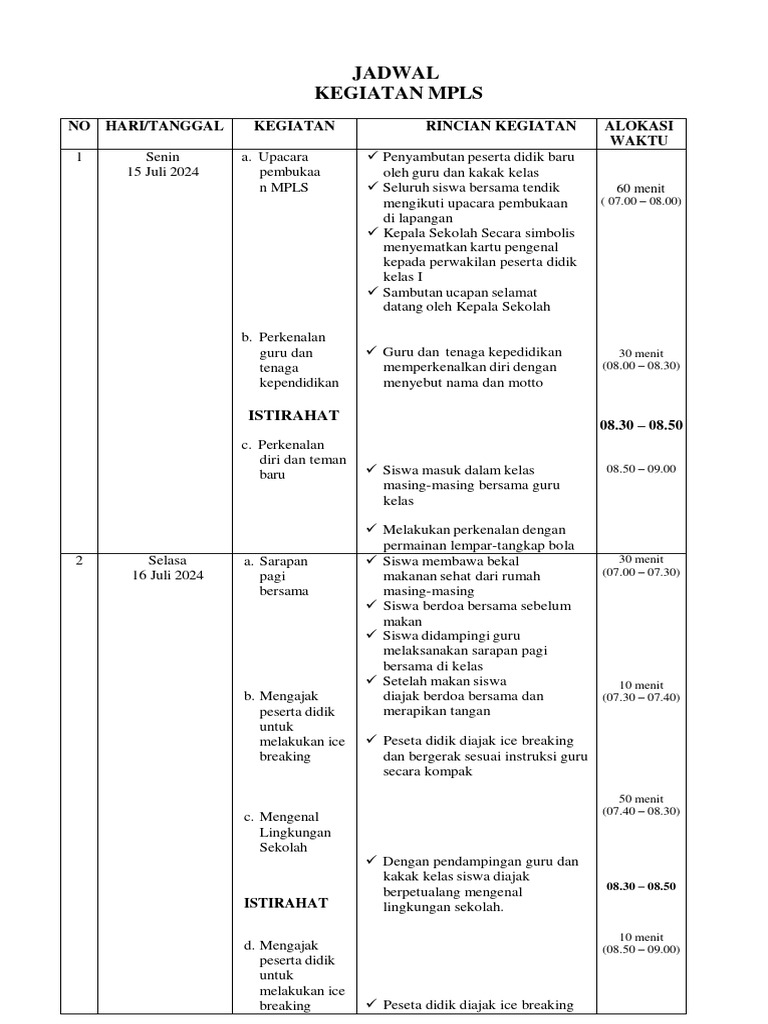 Jadwal Mpls Kelas 2 - 6 Sdi Raden Paku Tahun 2024 | PDF