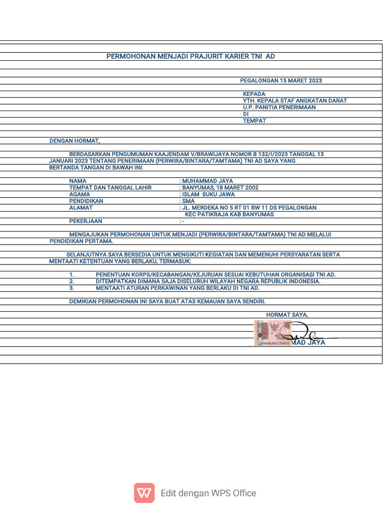 Permohonan Jadi Prajurit TNI AD | PDF