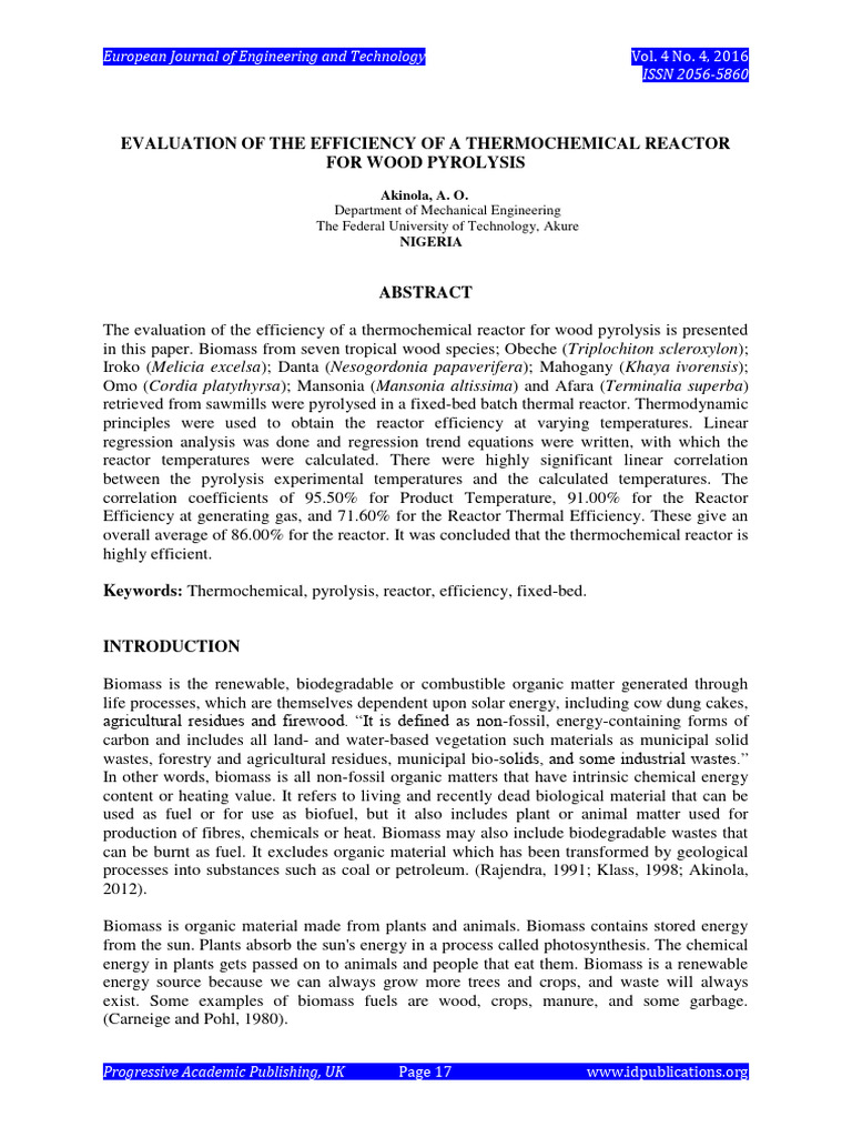 Full Paper EVALUATION OF THE EFFICIENCY OF A THERMOCHEMICAL REACTOR FOR WOOD PYROLYSIS | PDF ...