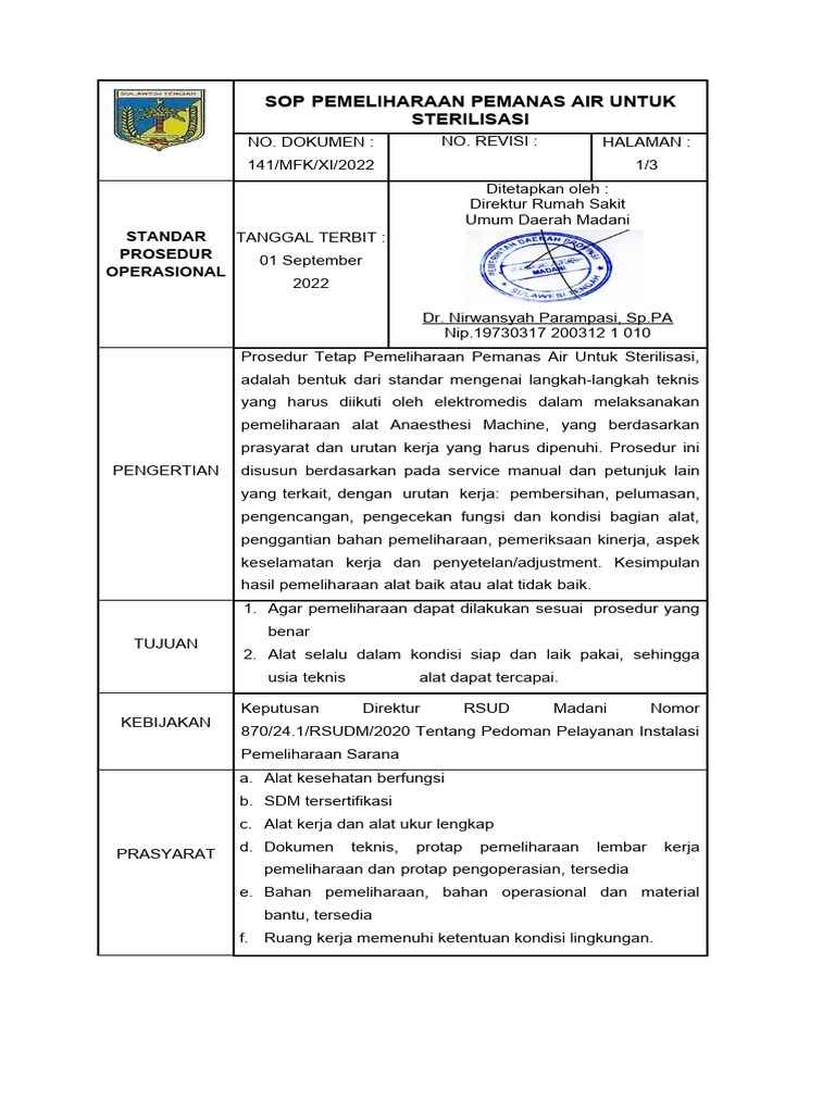 Sop Pemeliharaan Pemanas Air Untuk Sterilisasi | PDF