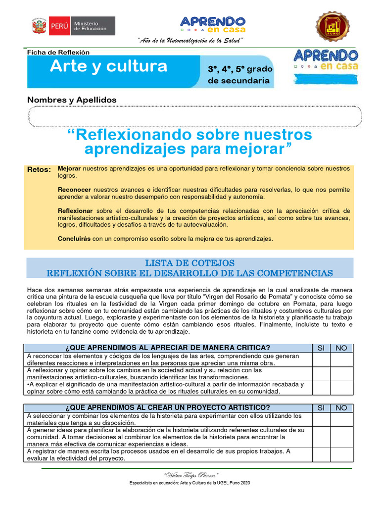 Ficha de Reflexion - 3°-4°-5° - Arte y Cultura | PDF | Aprendizaje | Cómics