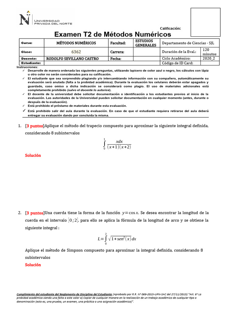 Examen T2 de Métodos Numéricos | PDF | Integral | Ecuaciones