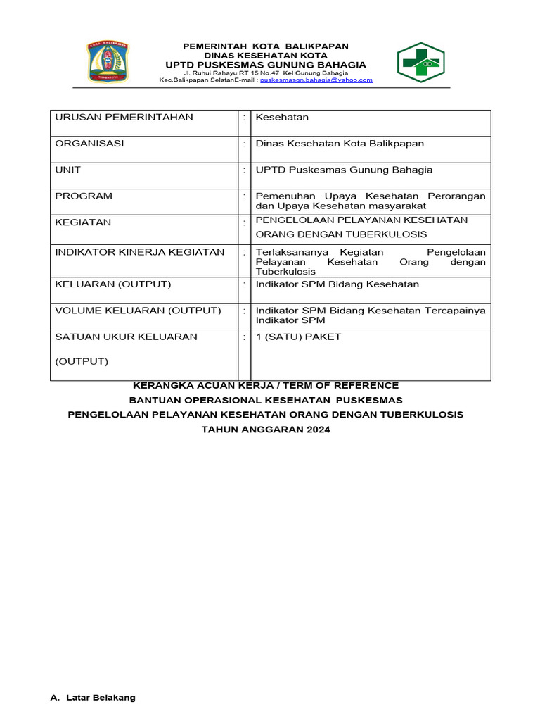 KAK Pengelolaan Pelayanan Kesehatan Orang Dengan Tuberkulosis | PDF | Pengembangan Diri