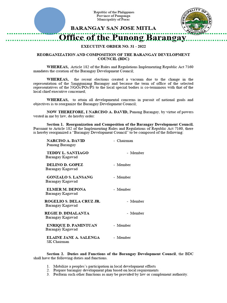 Office of The Punong Barangay: Barangay San Jose Mitla | PDF ...