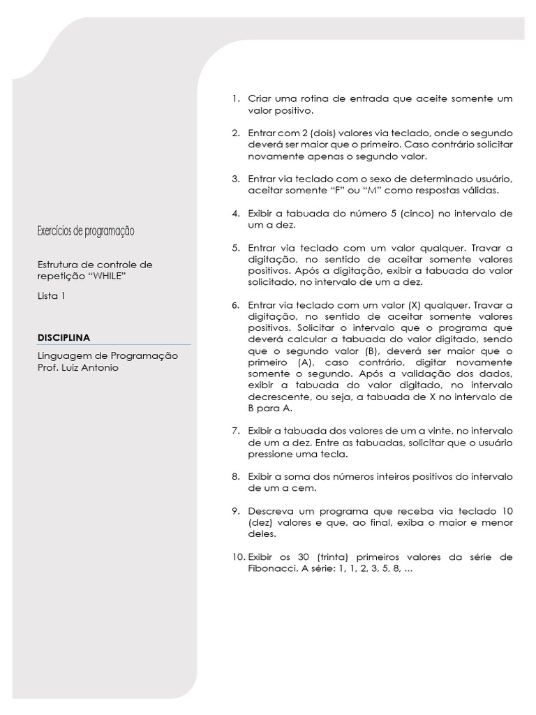 EXERCICIOS - Laco WHILE 1 | PDF | Teclado de computador | Informática