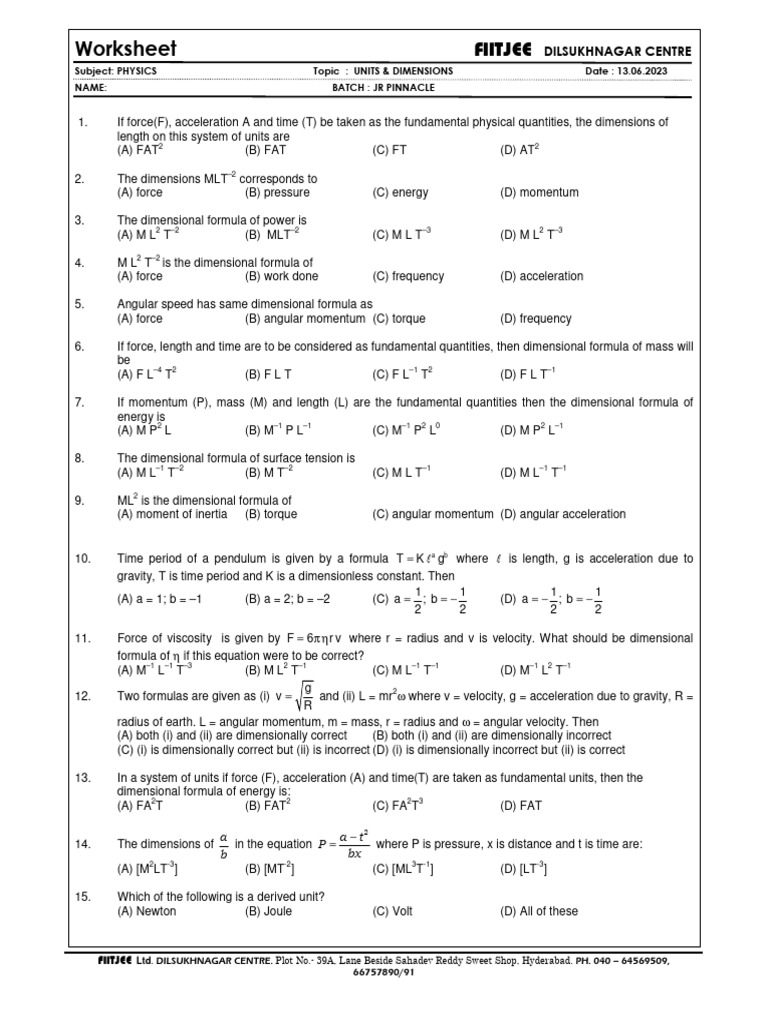 Units & Dimensions - Work Sheet - DT 13.06.2023 | PDF | Force | Power ...