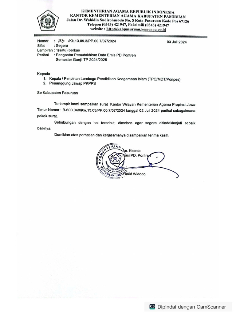 Surat Pengantar Pendataan Emis Semester Ganjil 2024-2025 | PDF